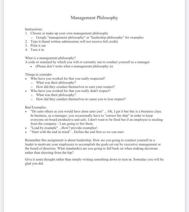Management Philosophy Instructions: 1. Choose or make | Chegg.com