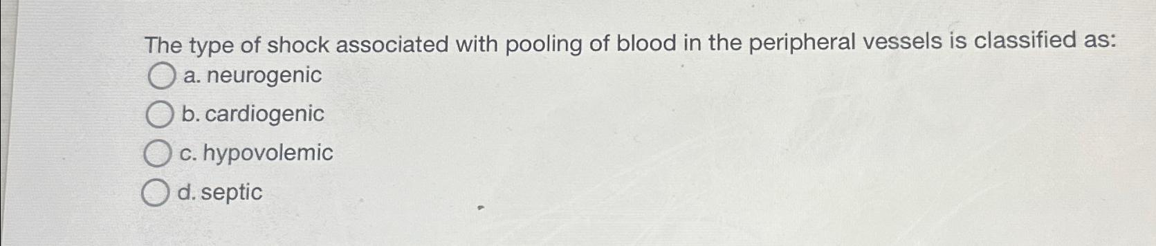 Solved The type of shock associated with pooling of blood in | Chegg.com