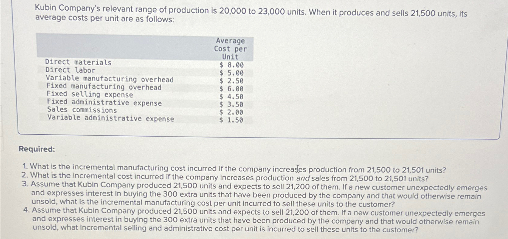 Kubin Company's relevant range of production is | Chegg.com Kubin Company's relevant range of production is | Chegg.com