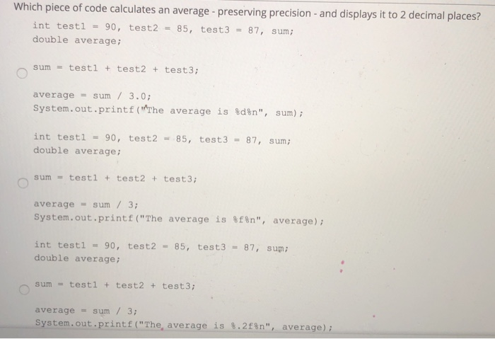 Solved Which piece of code calculates an average - | Chegg.com