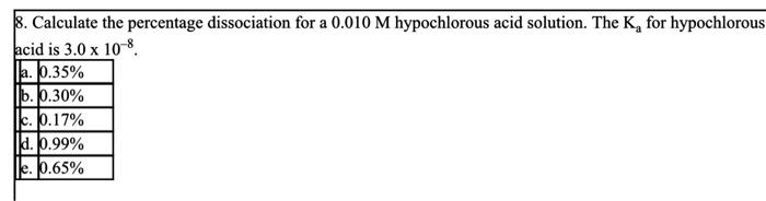 Solved 8. Calculate the percentage dissociation for a 0.010M | Chegg.com