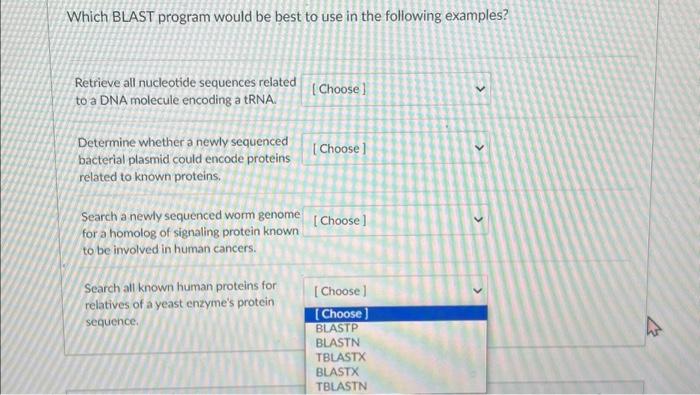 Solved Which BLAST program would be best to use in the | Chegg.com