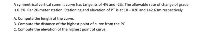 Solved A symmetrical vertical summit curve has tangents of | Chegg.com