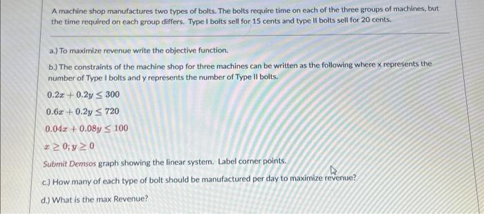 Solved A machine shop manufactures two types of bolts. The | Chegg.com