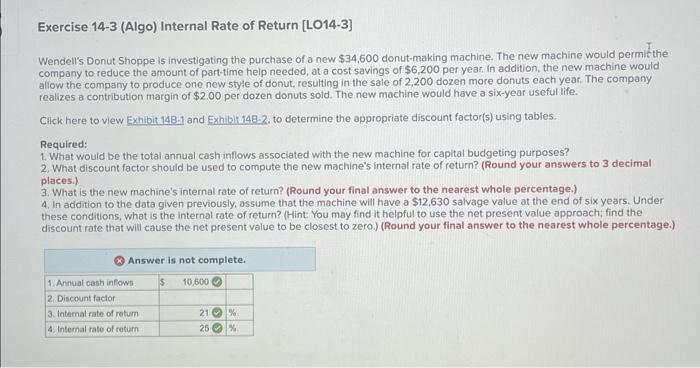Solved Exercise 14-3 (Algo) Internal Rate of Return [LO14-3] | Chegg.com