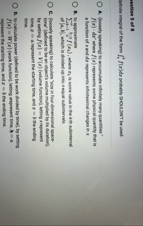 Solved lestion 5 ﻿of 8tefinite integral of the form | Chegg.com