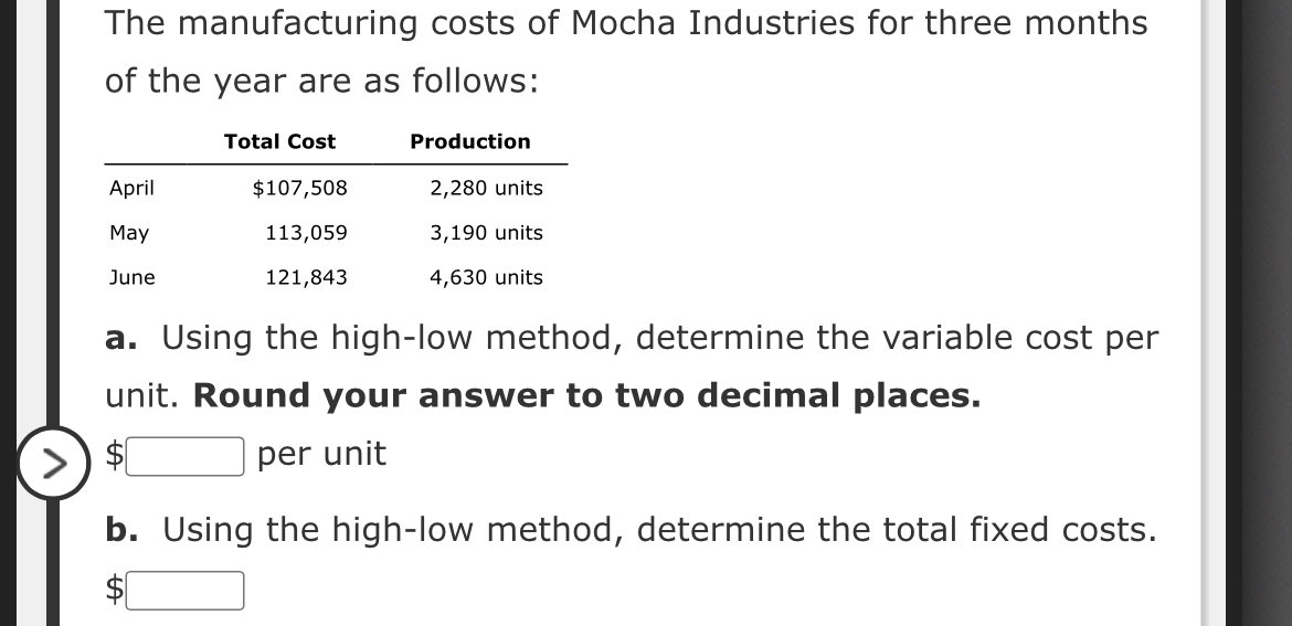 Solved The manufacturing costs of Mocha Industries for three | Chegg.com