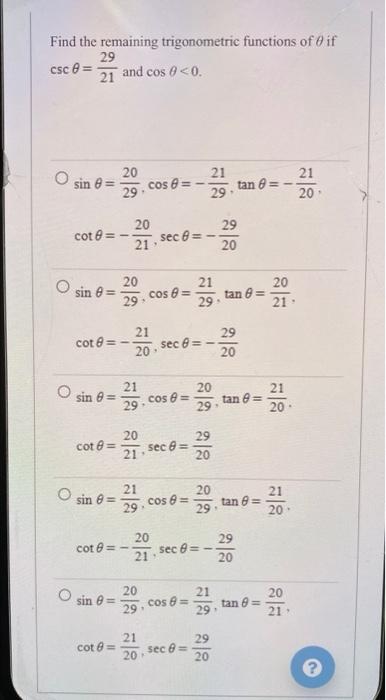 Solved Find the remaining trigonometric functions of 0 it 29 | Chegg.com