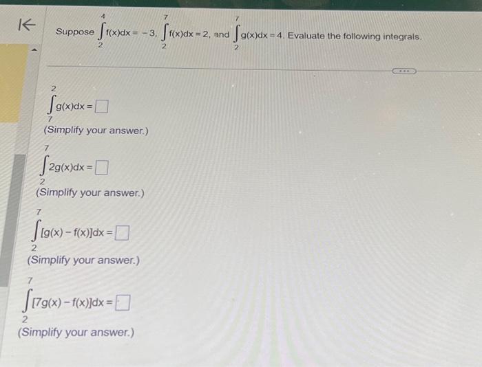 Solved Suppose ∫24f(x)dx=−3,∫27f(x)dx=2, and ∫21g(x)dx=4. | Chegg.com