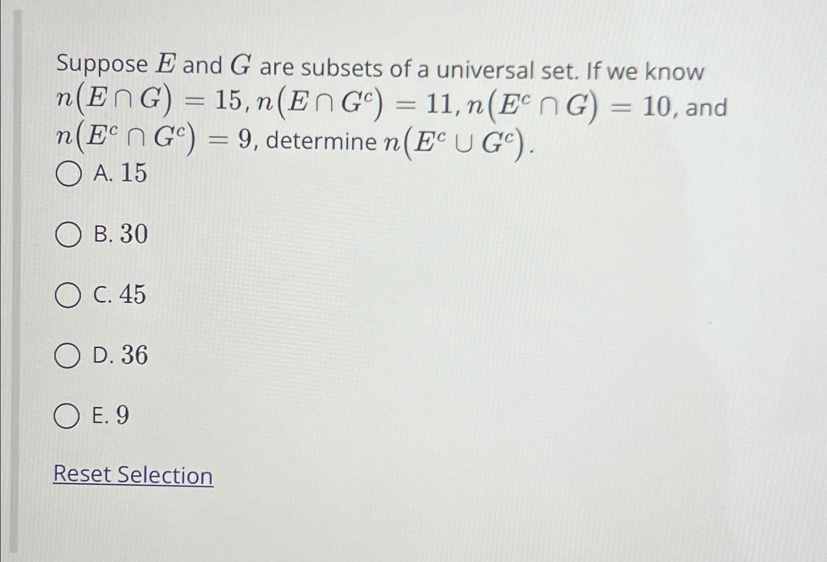 Solved Suppose E ﻿and G ﻿are subsets of a universal set. If | Chegg.com