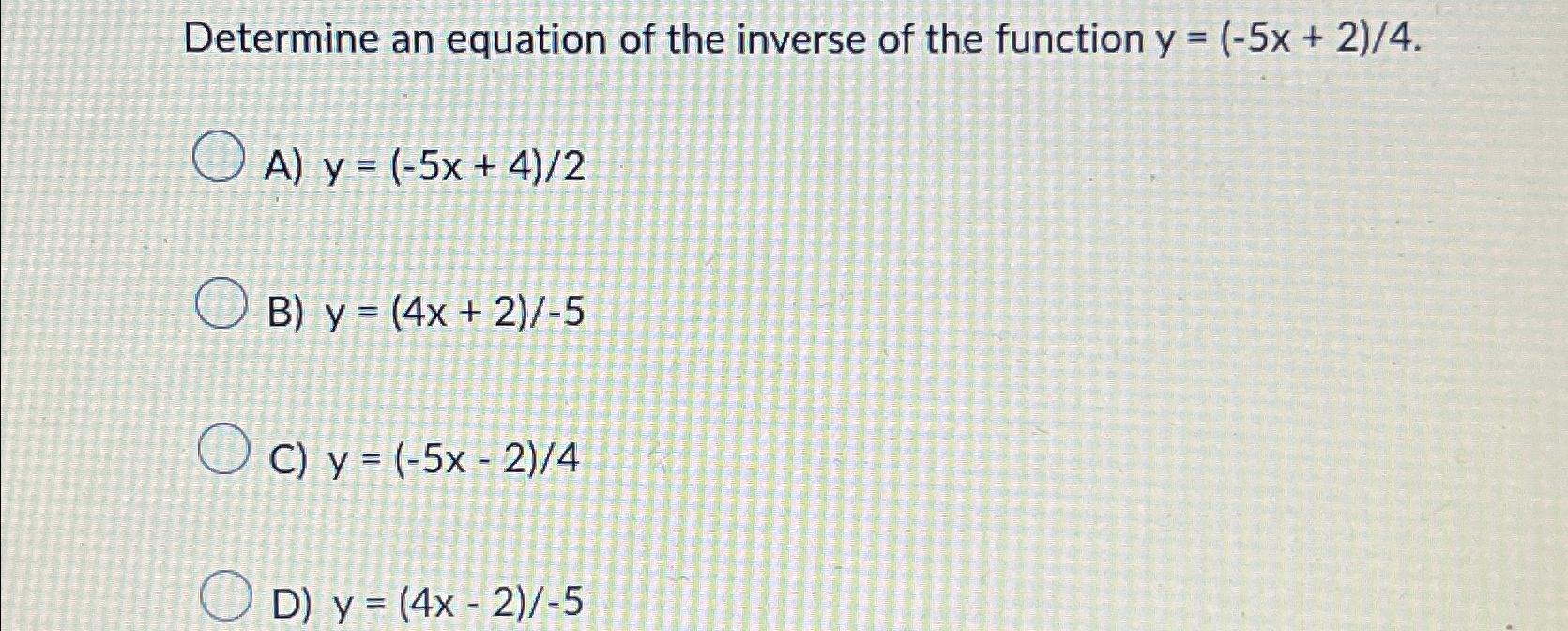 Solved Determine an equation of the inverse of the function | Chegg.com