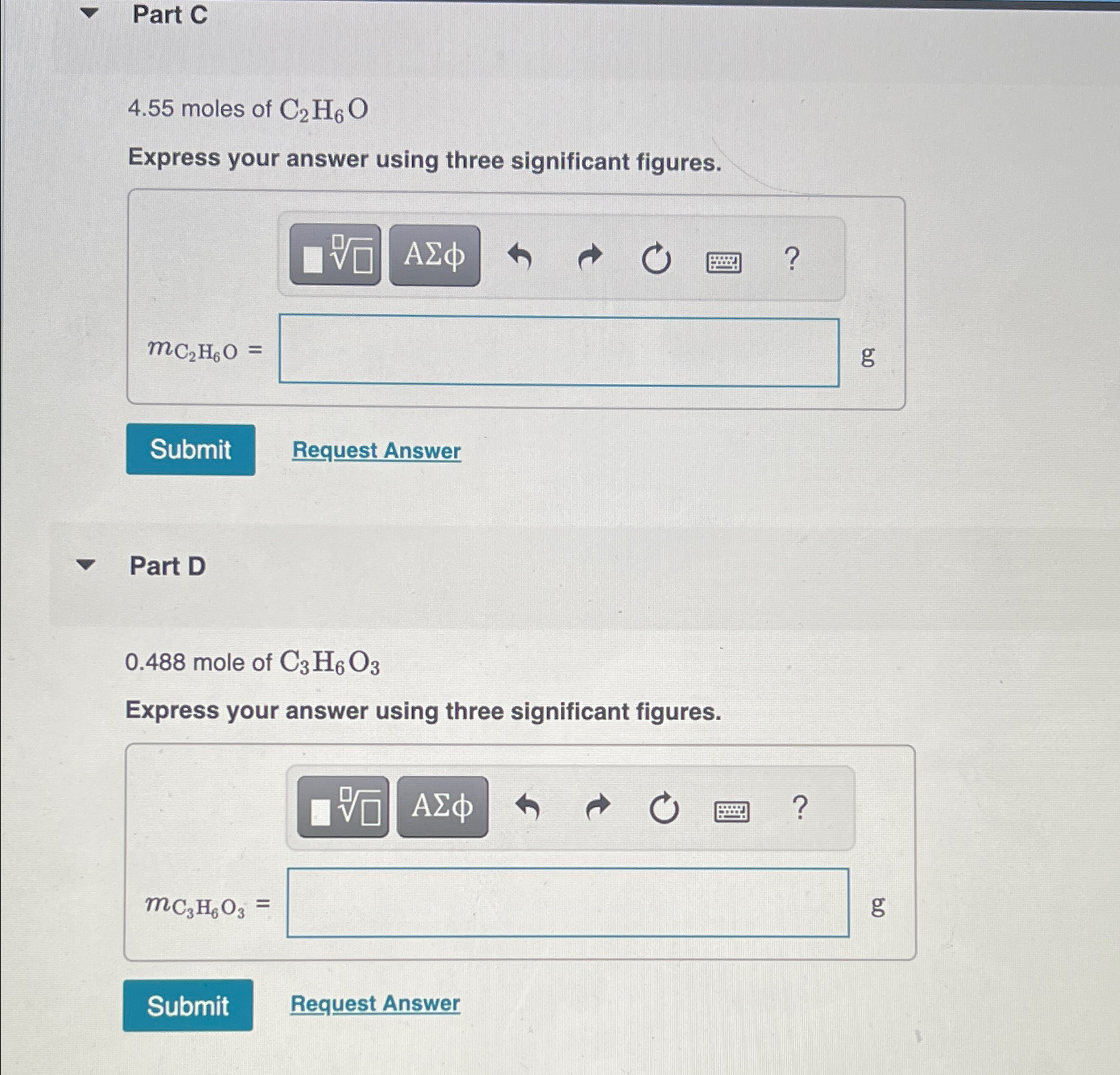 Solved Part C4.55 ﻿moles of C2H6OExpress your answer using | Chegg.com