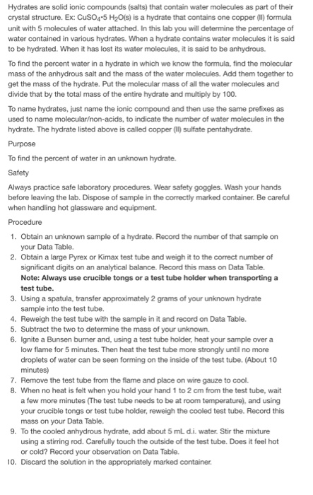 Solved Lab 09 - Percent of Water in a Hydrate Data Table | Chegg.com