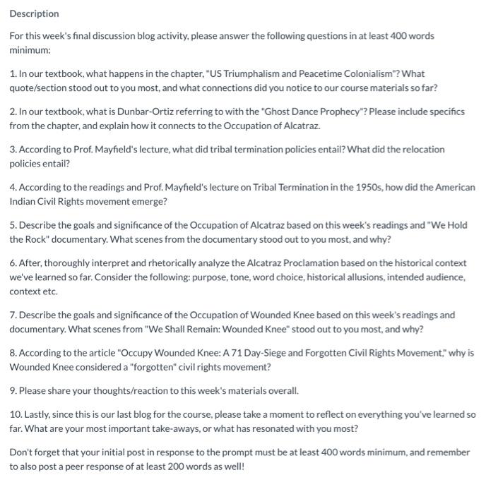 Solved Description For this week's final discussion blog | Chegg.com