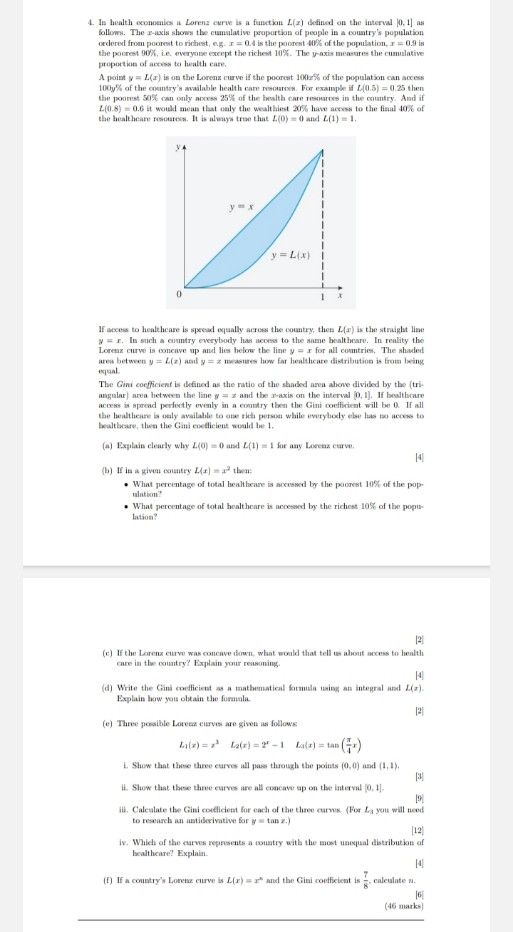 Solved In health exonomios a Lorenz curve is a function L(x) | Chegg.com