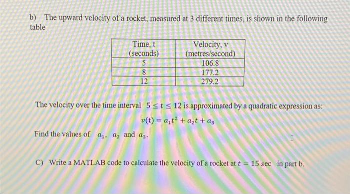 Solved b) The upward velocity of a rocket, measured at 3 | Chegg.com
