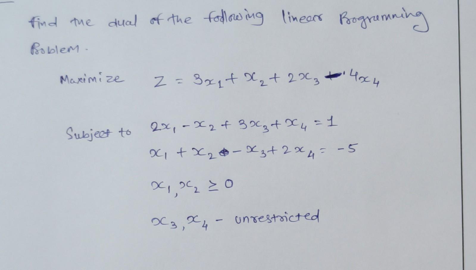 Solved find the dual of the fodlowing linear Bogremming | Chegg.com
