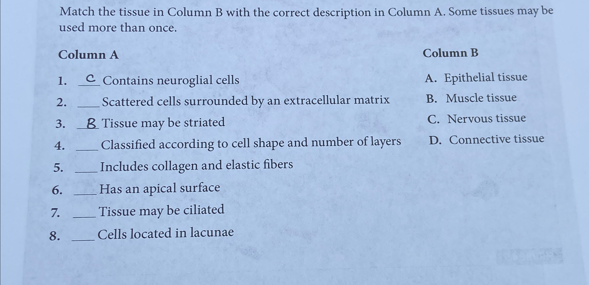 Solved Match the tissue in Column B with the correct | Chegg.com