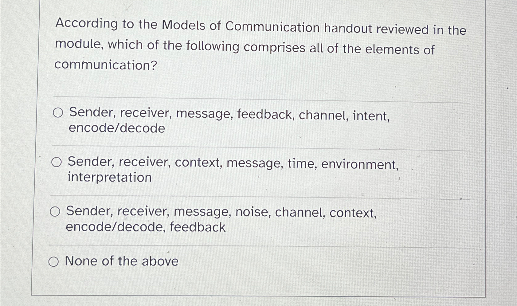 Solved According to the Models of Communication handout | Chegg.com