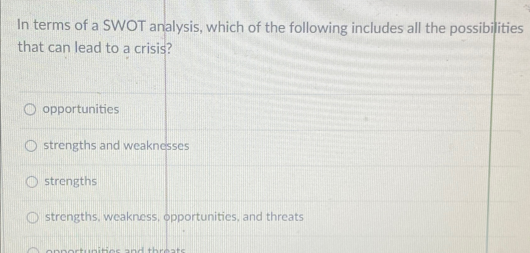 Solved In terms of a SWOT analysis, which of the following | Chegg.com