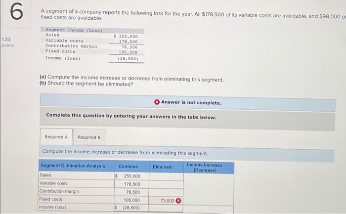 Solved 6 A segment of a company reports the following loss | Chegg.com