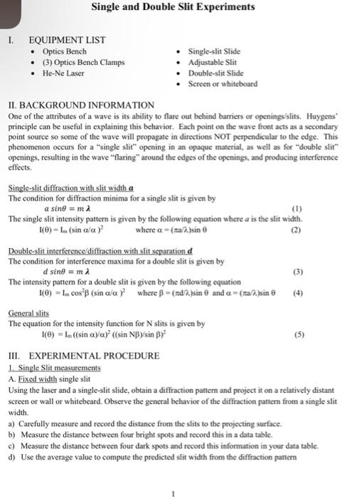 Solved Single and Double Slit Experiments I. EQUIPMENT LIST | Chegg.com