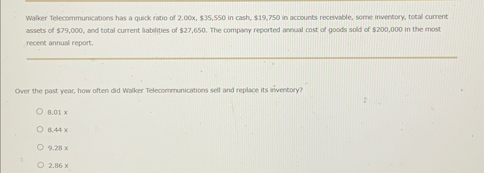 Solved Walker Telecommunications has a quick ratio of | Chegg.com
