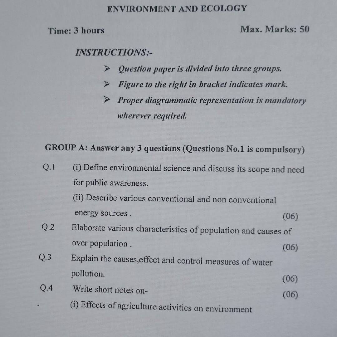 Solved ENVIRONMENT AND ECOLOGY Time: 3 hours Max. Marks: 50 | Chegg.com