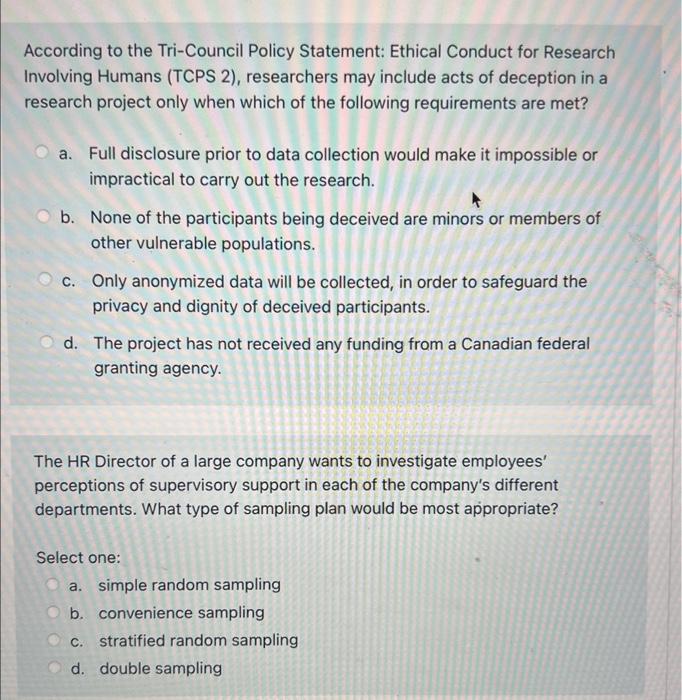 Solved According to the Tri-Council Policy Statement: | Chegg.com