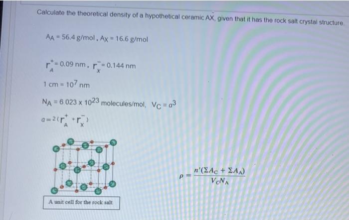 Solved A unit cell for the rock salt n' = molecules a = nm | Chegg.com