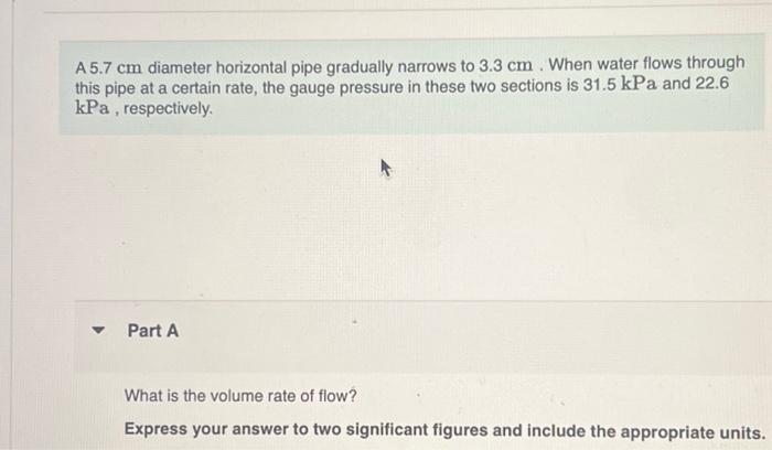 Solved A 5.7 cm diameter horizontal pipe gradually narrows | Chegg.com
