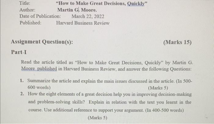 Solved Assignment Question(s): (Marks 15) Part-I Read the | Chegg.com