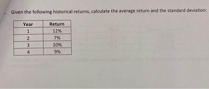 Solved Given the following historical returns, calculate the | Chegg.com
