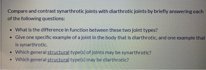 Solved Compare and contrast synarthrotic joints with | Chegg.com Solved Compare and contrast synarthrotic joints with | Chegg.com