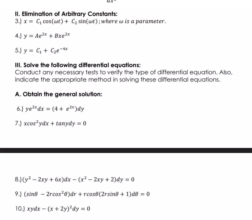 Solved II. Elimination of Arbitrary Constants: 3.) x = ( | Chegg.com