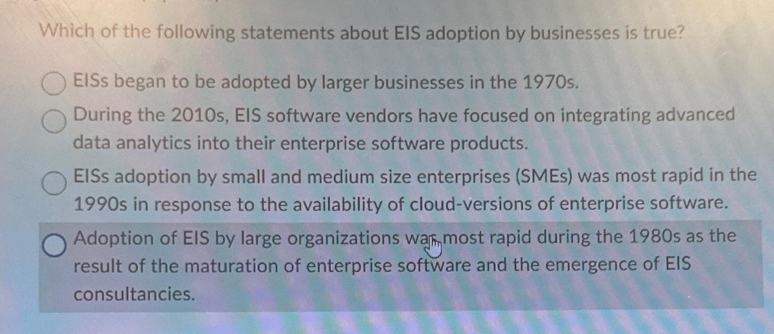 Solved Which of the following statements about EIS adoption | Chegg.com