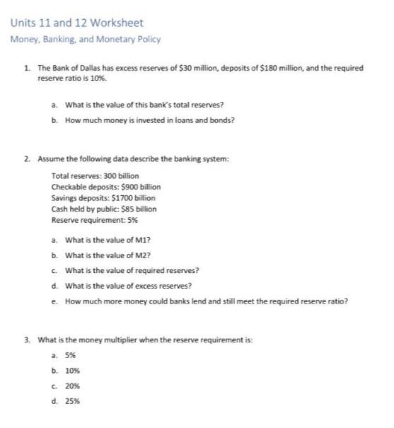 Solved Units 11 ﻿and 12 ﻿WorksheetMoney, Banking, and | Chegg.com