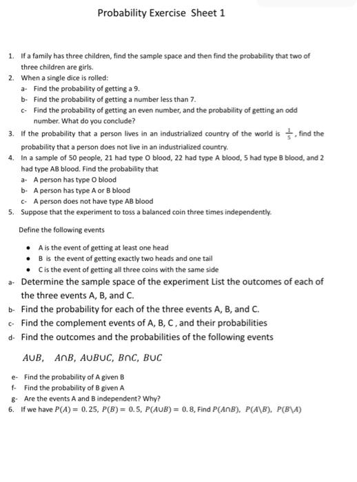 Solved Probability Exercise Sheet 1 1. If a family has three | Chegg.com