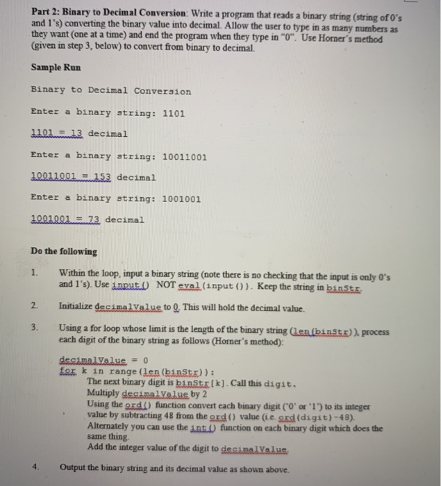 Solved Part 2: Binary to Decimal Conversion: Write a program | Chegg.com