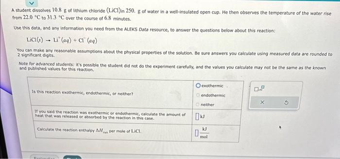Solved A student dissolves 10.8 g of lithlum chloride (LiCl) | Chegg.com