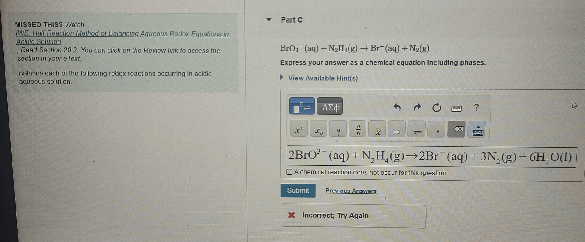 Solved MISSED THIS? WatchIWE: Half-Reaction Method of | Chegg.com