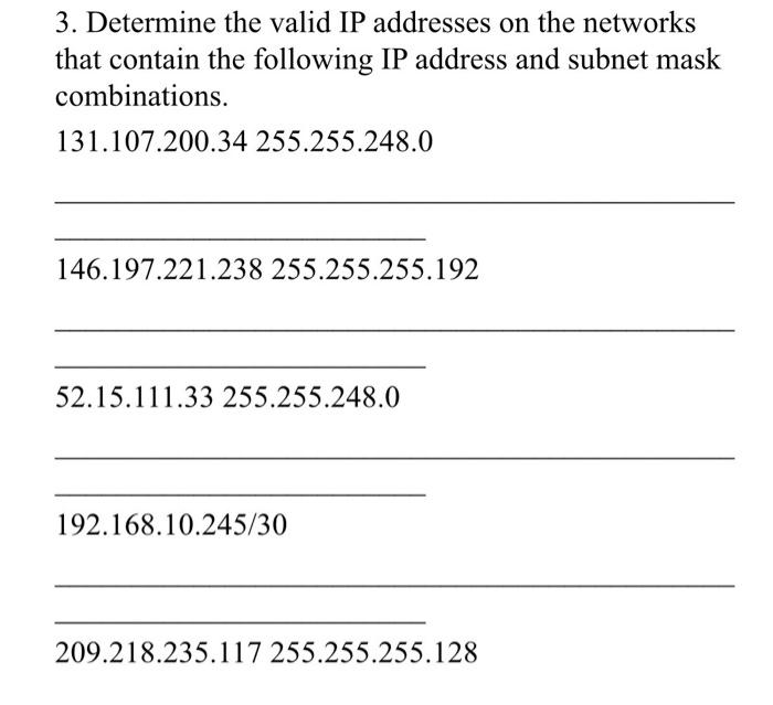 Solved 3. Determine the valid IP addresses on the networks | Chegg.com
