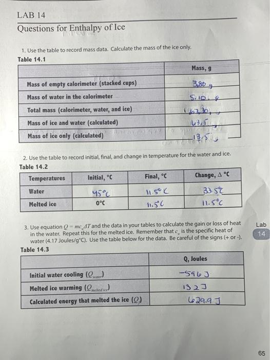 Solved LAB 14 Questions for Enthalpy of Ice 1. Use the table | Chegg.com