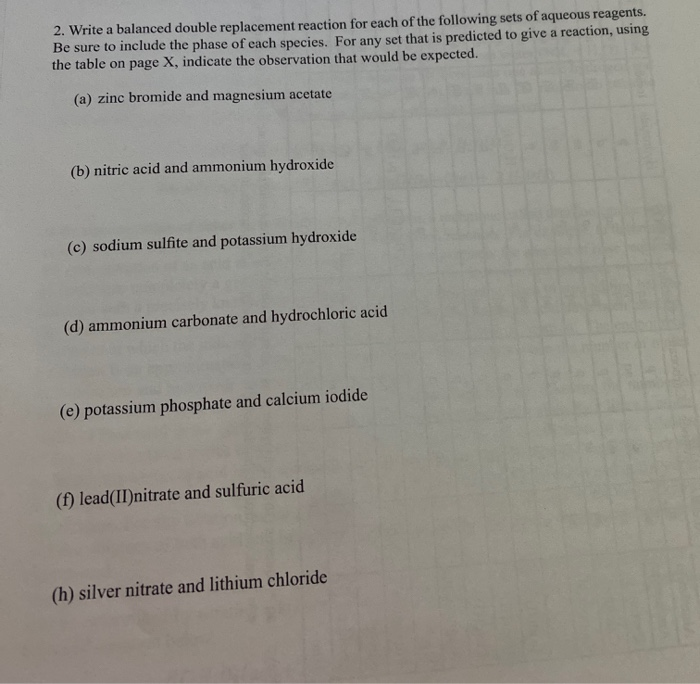 Solved 2. Write a balanced double replacement reaction for | Chegg.com