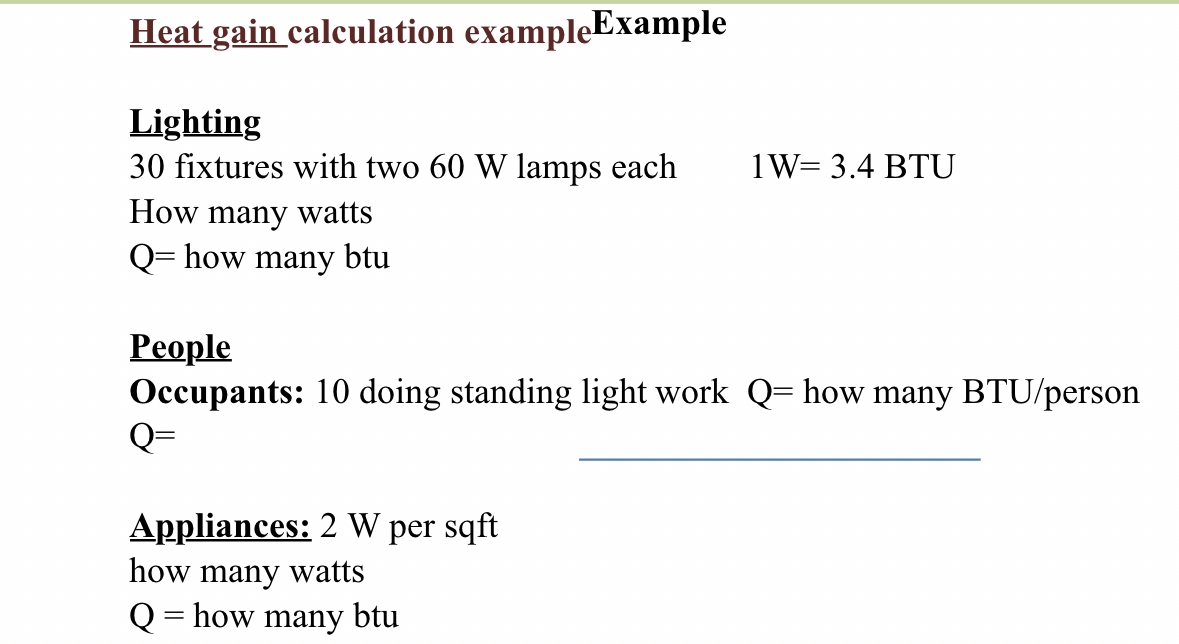 Solved Heat gain calculation example ExampleLighting30 | Chegg.com
