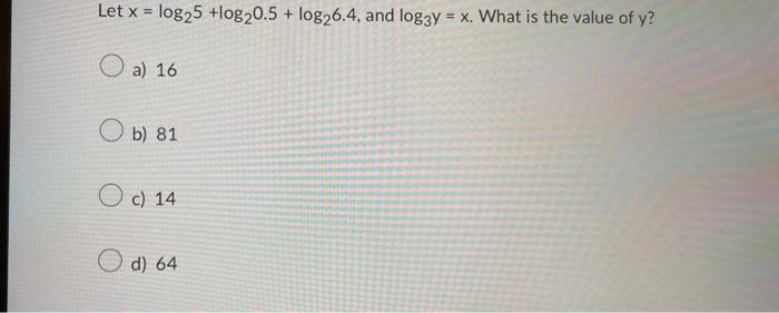 Solved Let x=log25+log20.5+log26.4, and log3y=x. What is the | Chegg.com