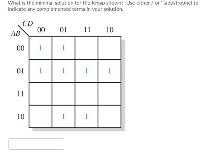 Solved What is the minimal solution for the Kmap shown? Use | Chegg.com