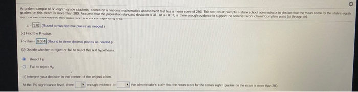 Solved A random sample of th grade student scores on a | Chegg.com