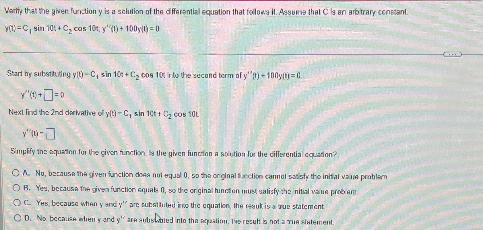 Solved Verify that the given function y ﻿is a solution of | Chegg.com