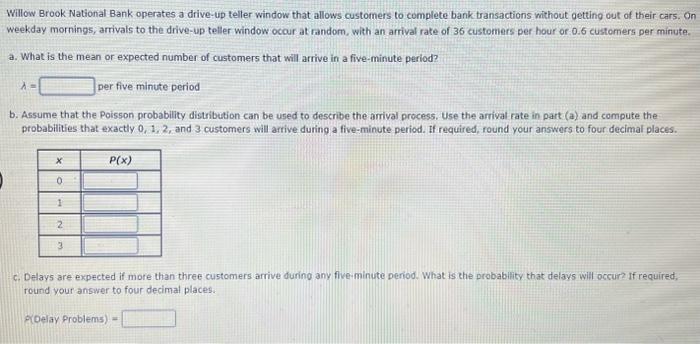 Solved Willow Brook National Bank operates a drive-up teller | Chegg.com